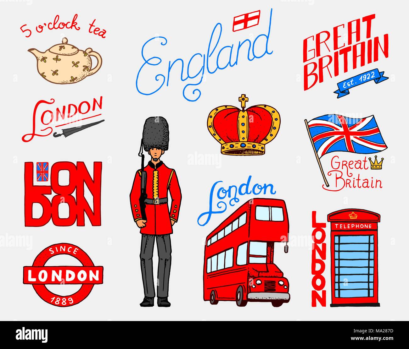 British, Crown and Queen, teapot with tea, bus and royal guard, London ...