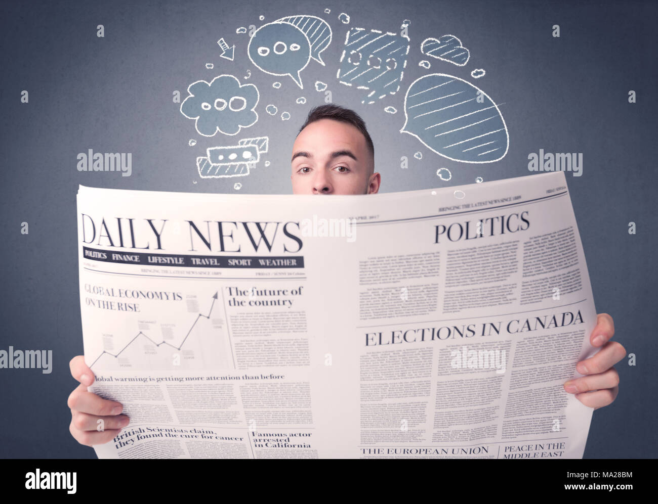 Puzzled young businessman reading daily newspaper with speech bubbles ...