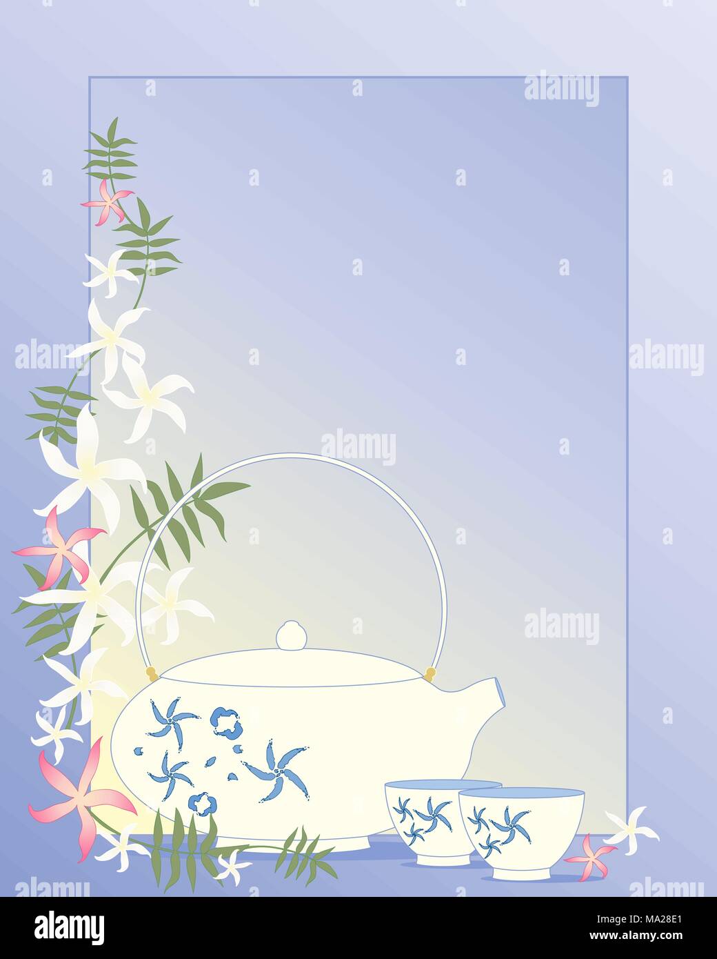 an illustration of a fancy japanese tea pot and cups with jasmine ...