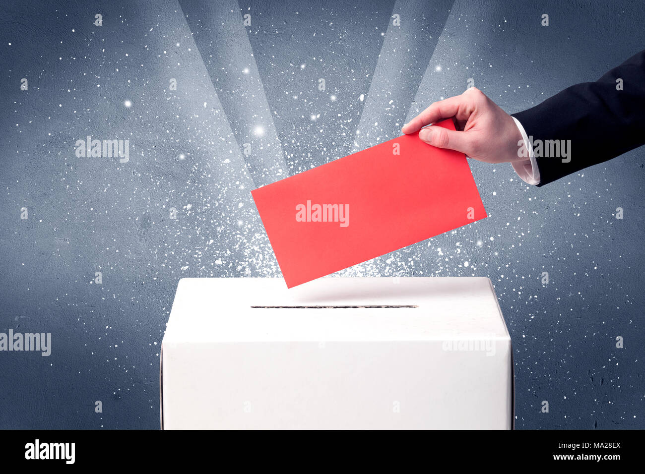 Ballot box with person casting vote on sparkling background Stock Photo ...