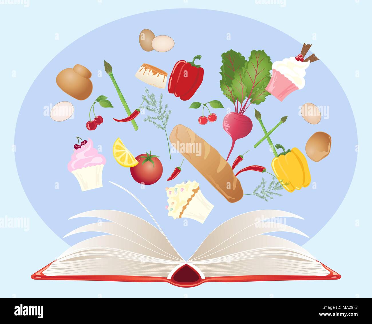 an illustration of a recipe book with open pages and various food ...