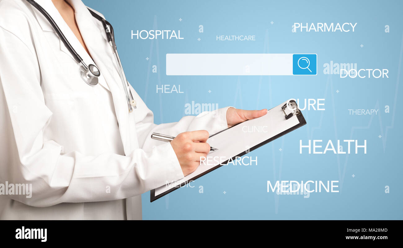 Female doctor holding notepad with blue background and search bar with ...
