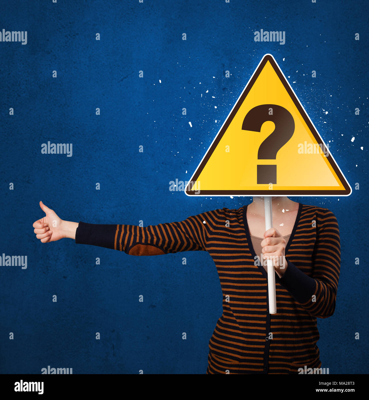 Casual young woman holding yellow sign with question mark Stock Photo ...