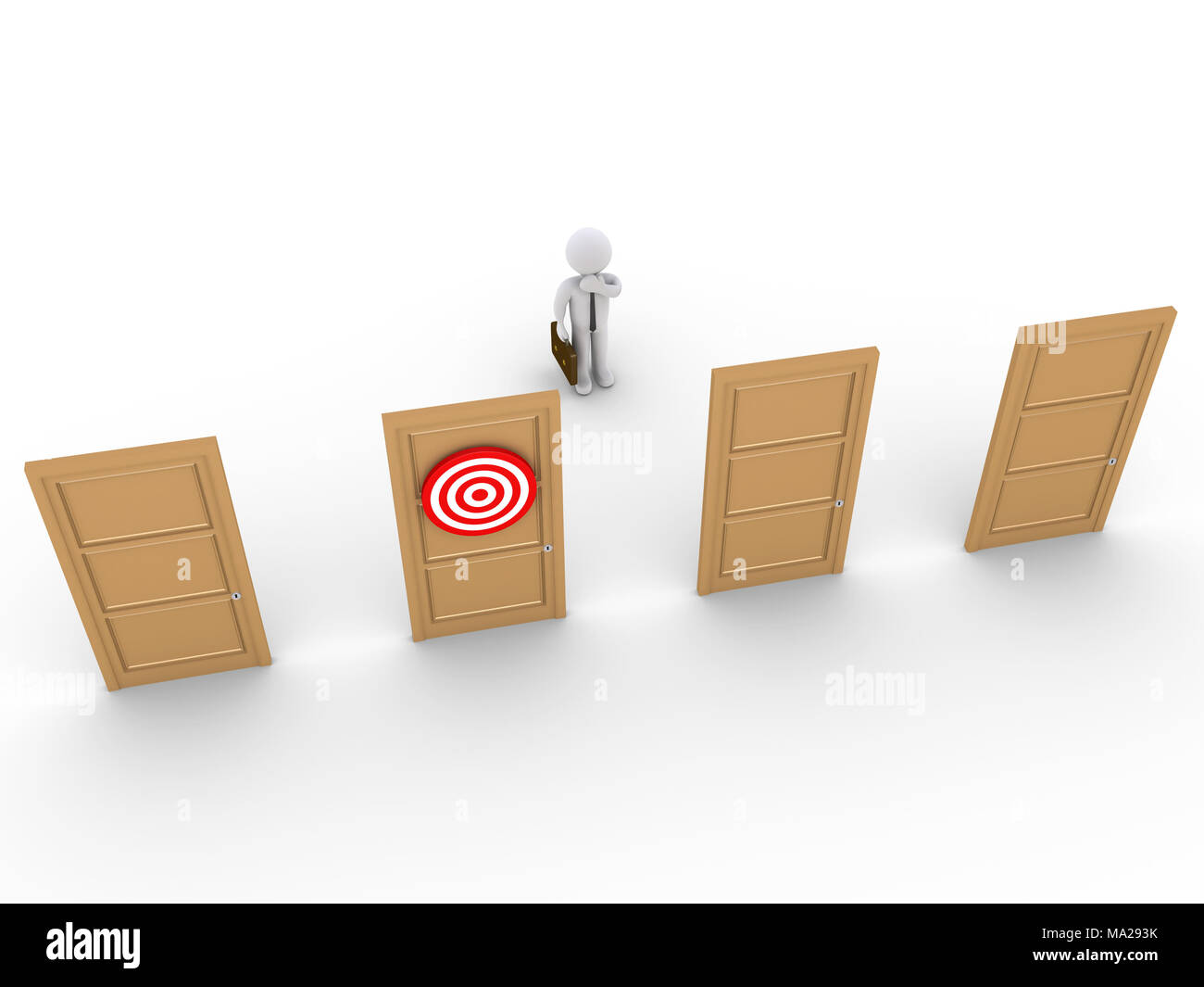 3d businessman standing before doors, but only one has the target ...