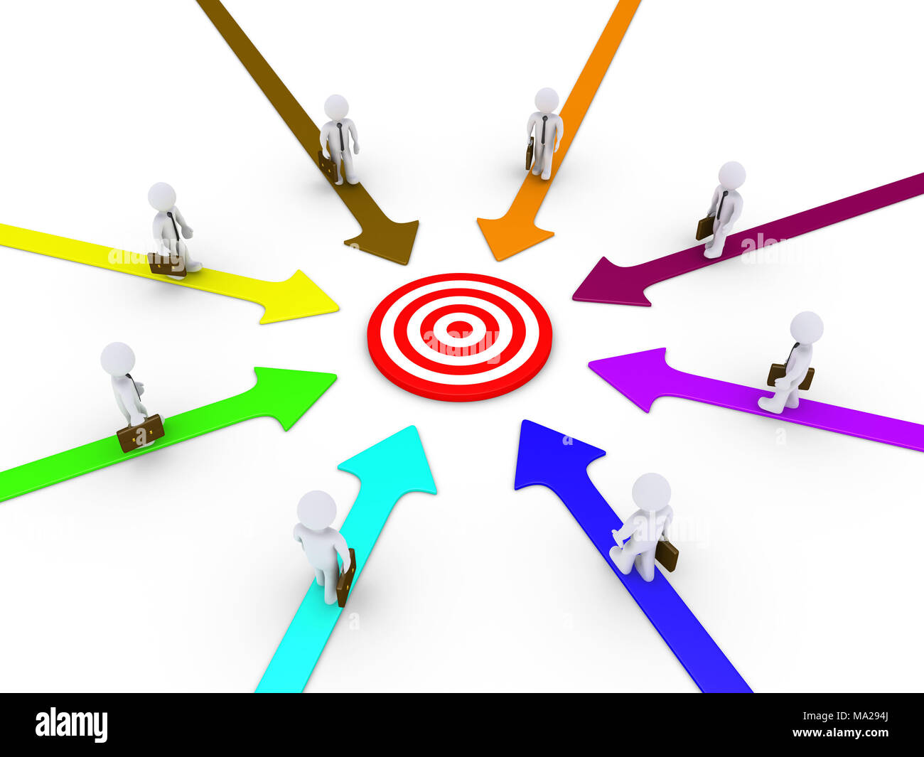 Businessmen on different paths are walking towards the target at the ...