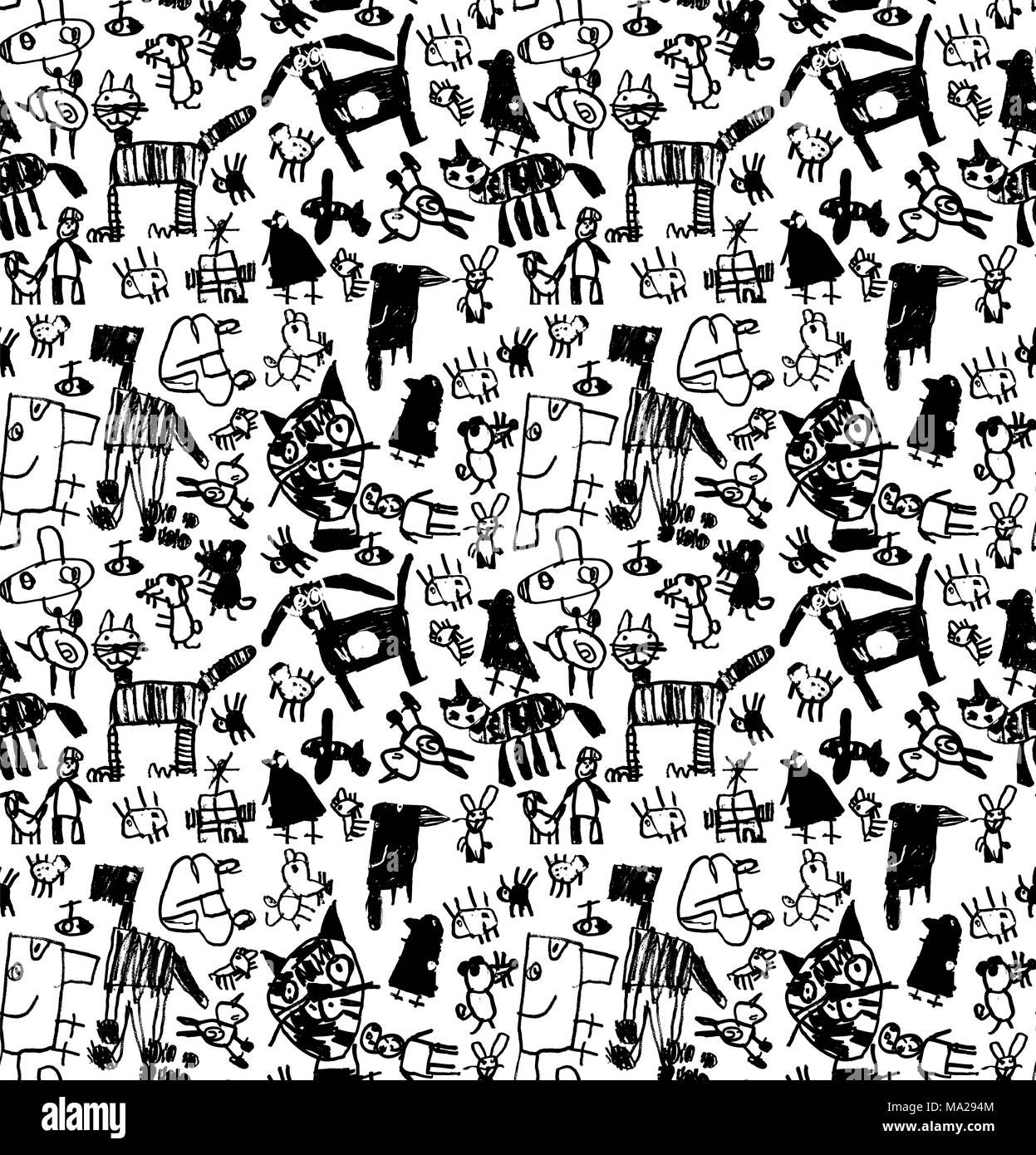 Children doodles draw black and white seamless pattern Stock Vector ...