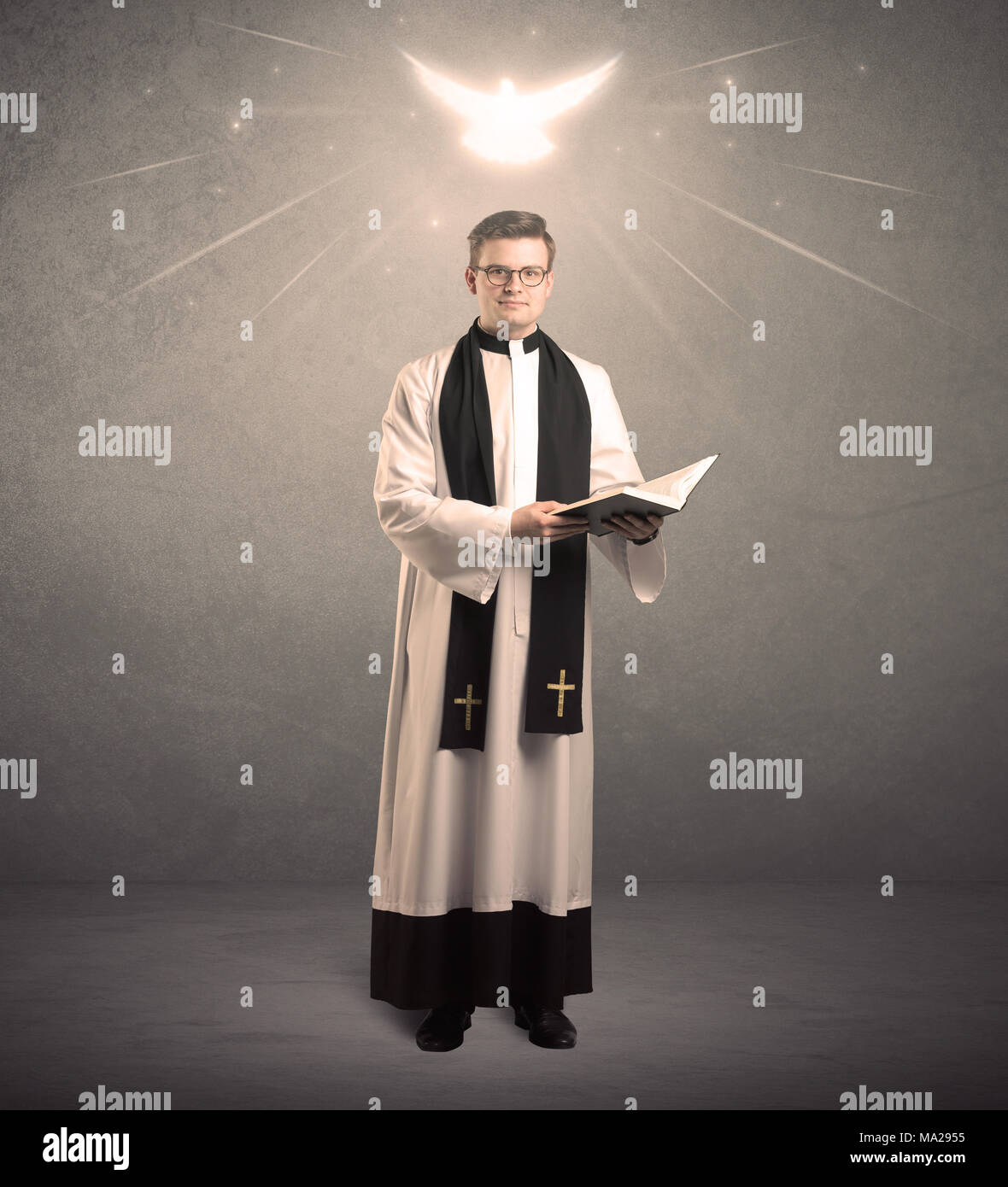 A holy priest reading a prayer from the holy bible with illustrated ...