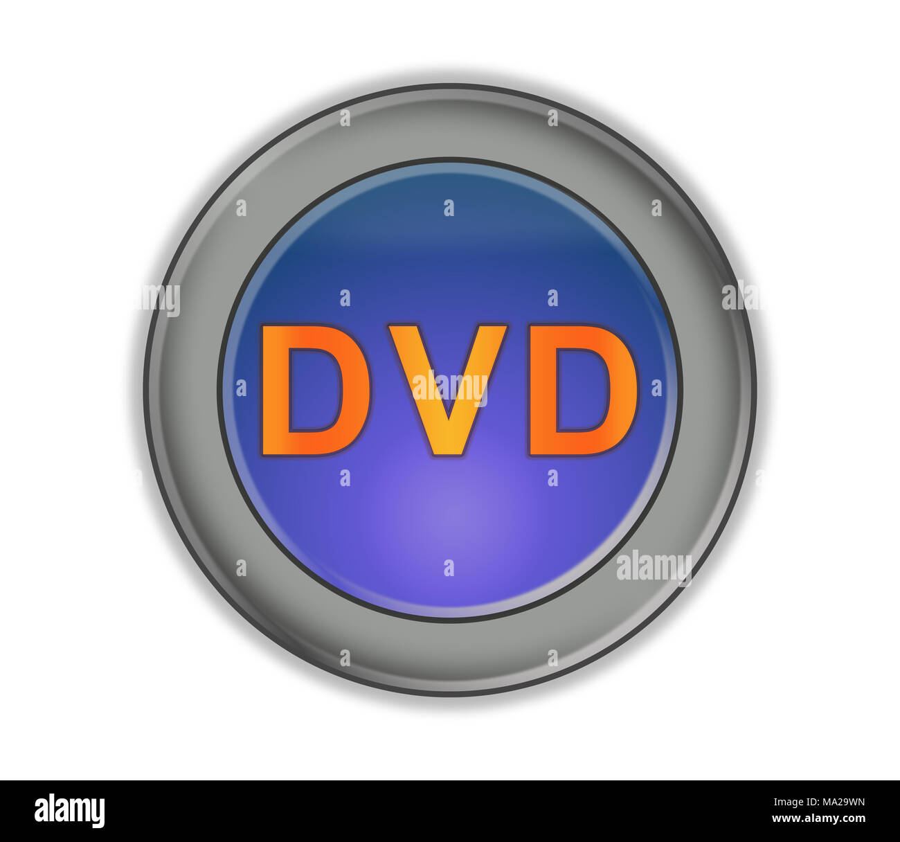 Round three-dimensional button with blue center and orange inscription ...