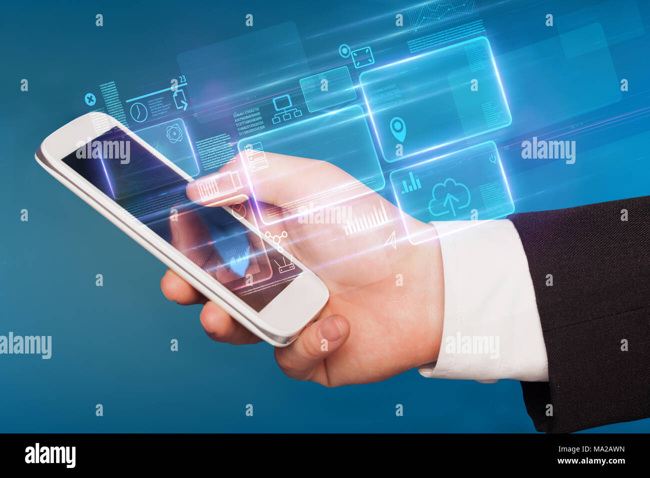 Hand using phone with database reports and online work concept Stock ...