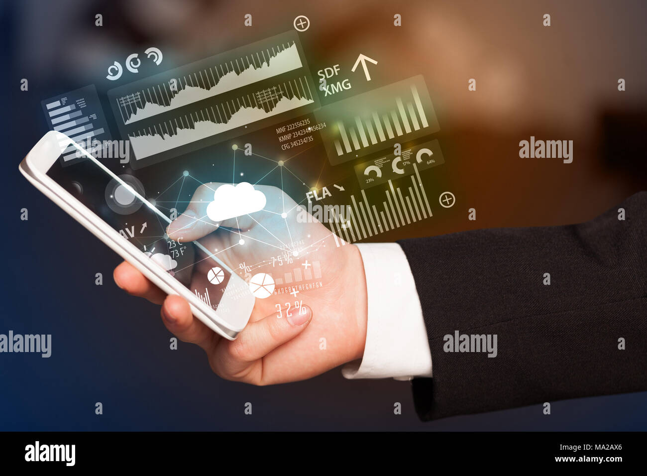 Hand using phone with cloud technology and linked information concept ...