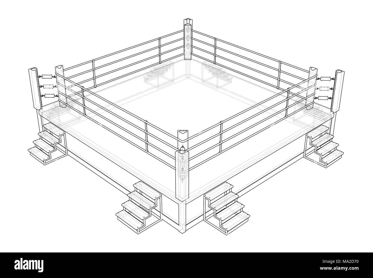 Boxing ring on white background. 3d illustration. Wire-frame style ...