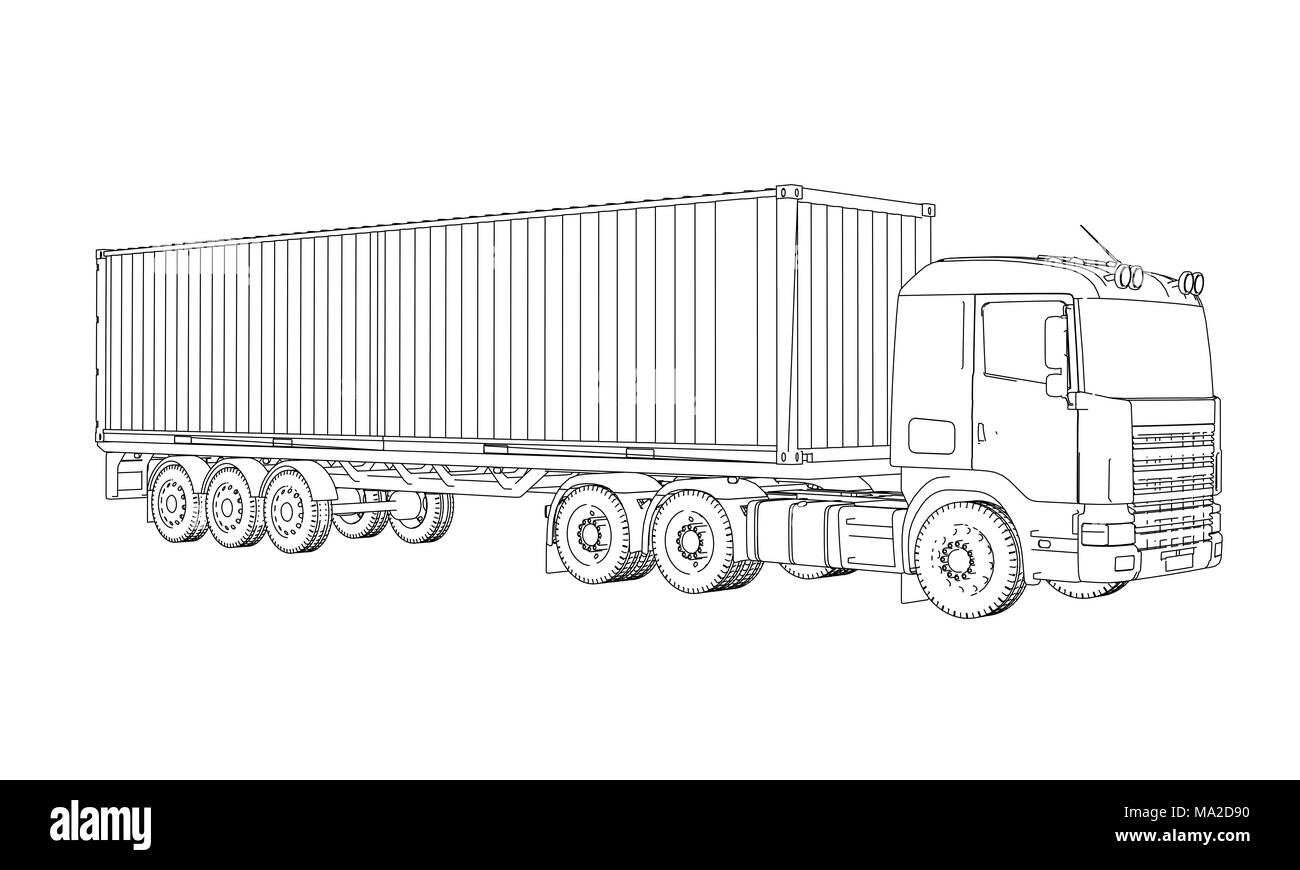Logistic by Container truck. 3d illustration. Wire-frame style Stock ...