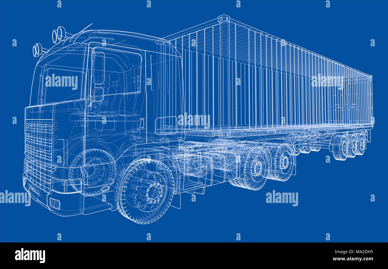 Logistic by Container truck. 3d illustration. Wire-frame style Stock ...