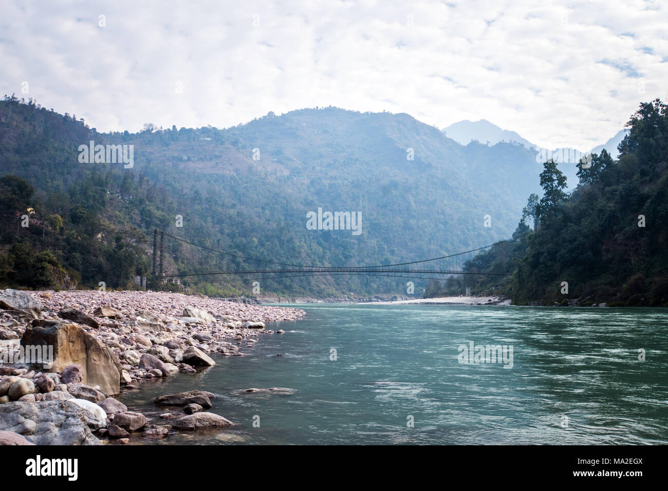 bridge in the vicinity of Rishikesh India. Suspension bridge over river ...