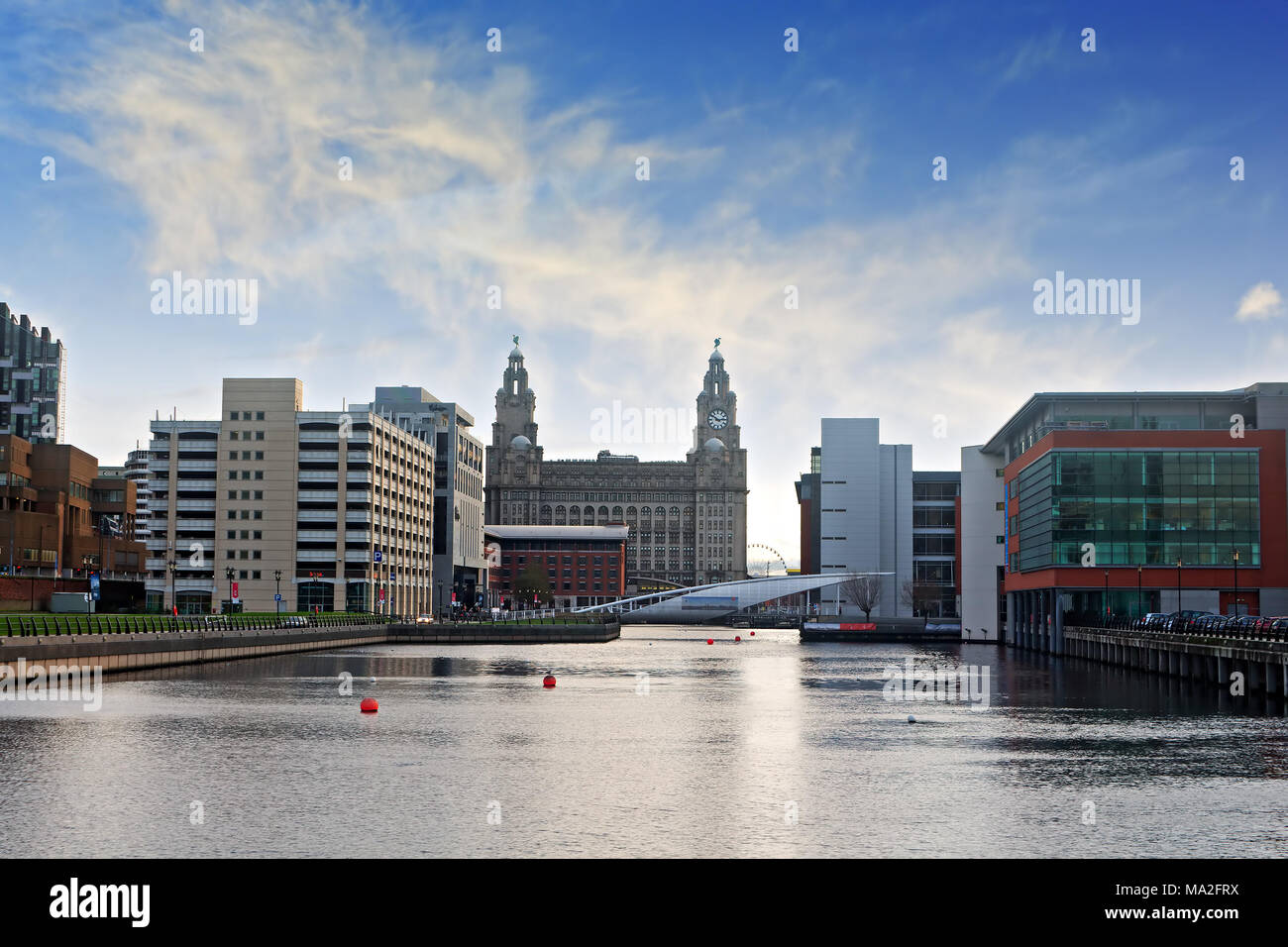 A view of the Liver Buildings on Liverpool waterfront taken from ...