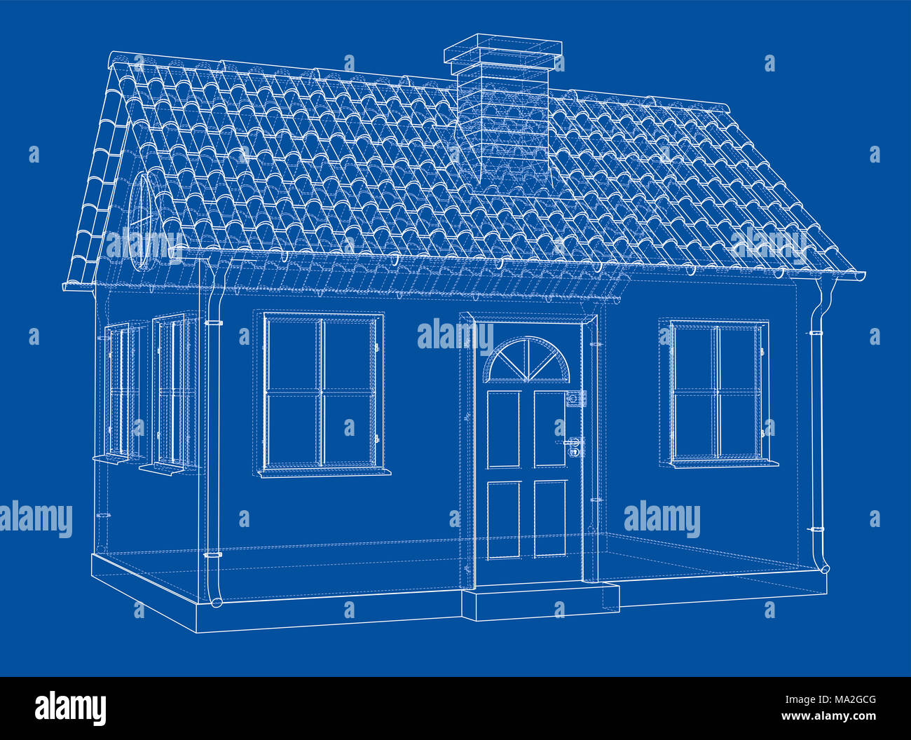 A small house with shingles roof. 3d illustration. Wire-frame style ...