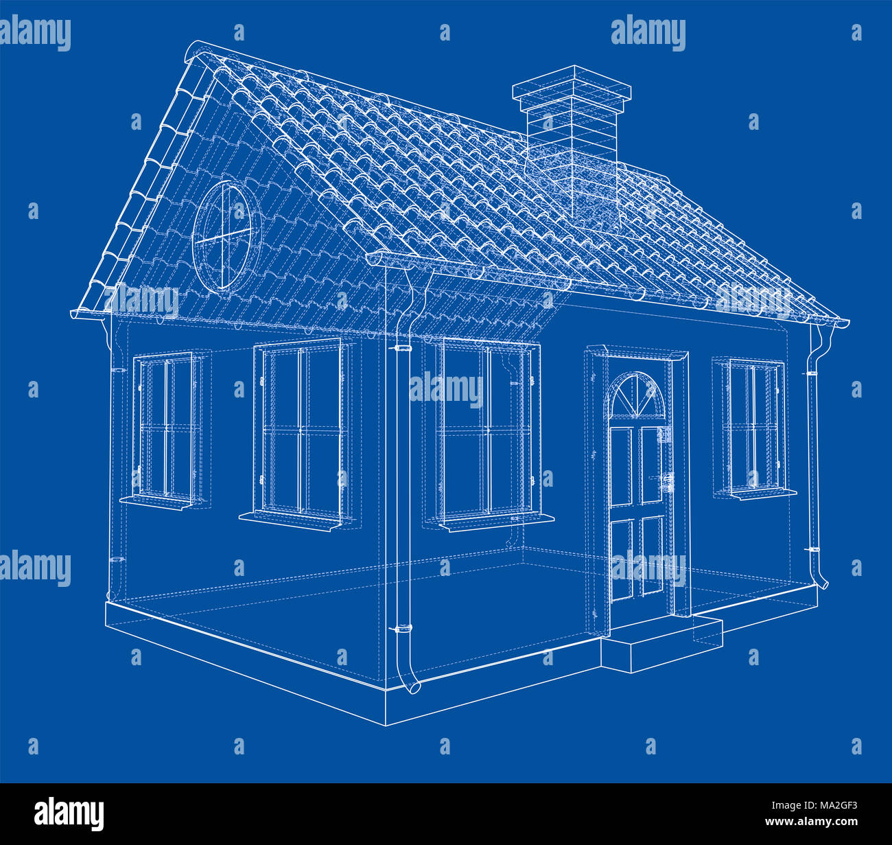 A small house with shingles roof. 3d illustration. Wire-frame style ...