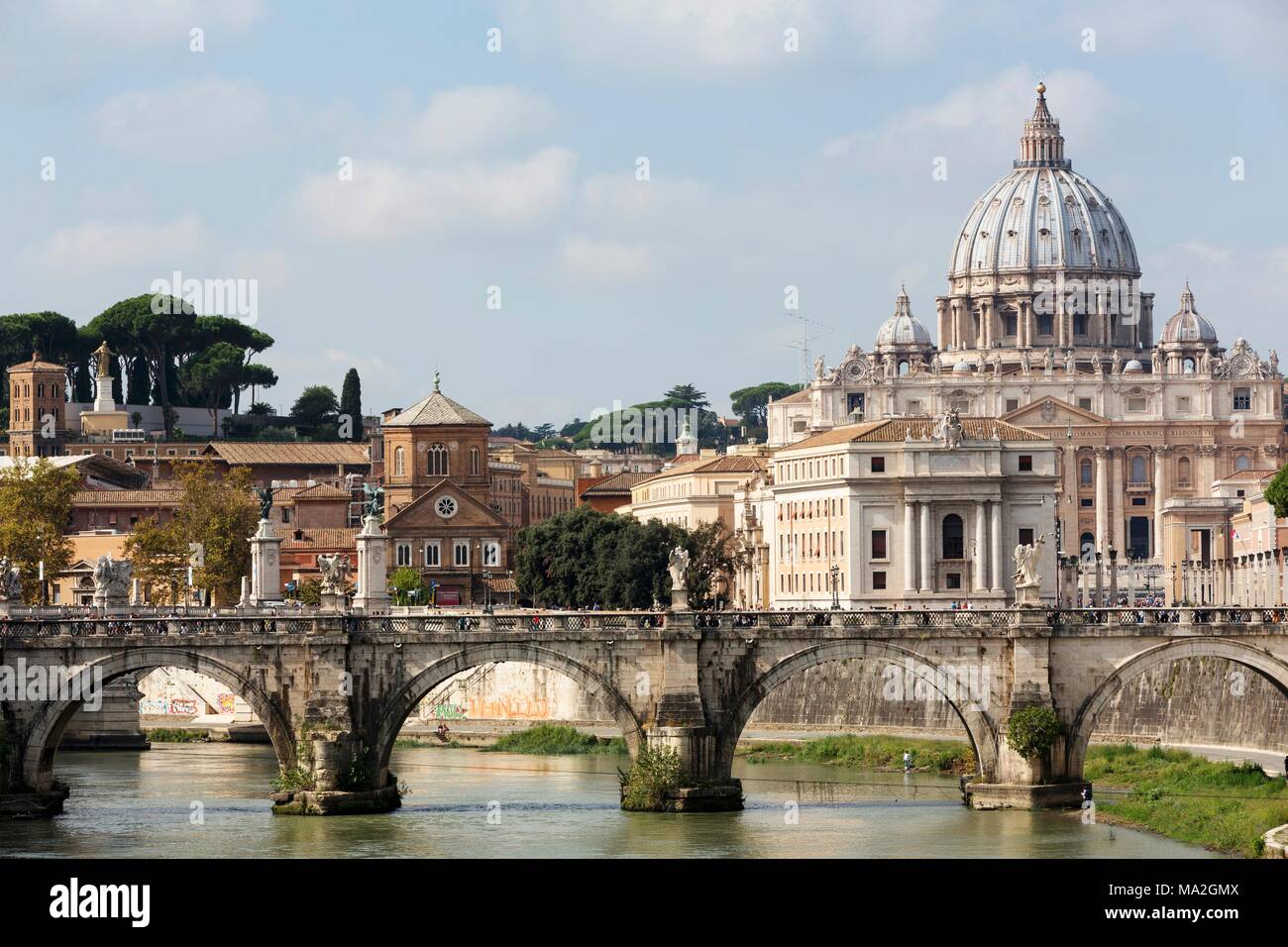 A view over the River Tiber of St Peter's Cathedral, Vatican, Rome ...