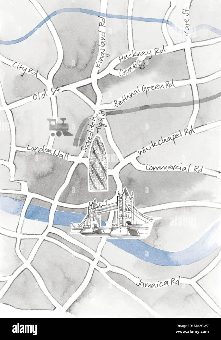 An illustrated map of London showing the area around Tower Bridge Stock ...