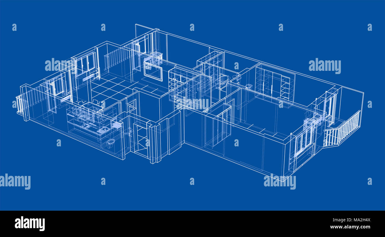 Interior sketch or blueprint. 3d illustration. Wire-frame style Stock ...