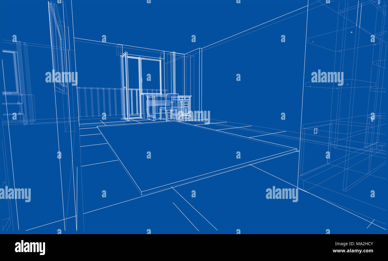 Interior sketch or blueprint. 3d illustration. Wire-frame style Stock ...