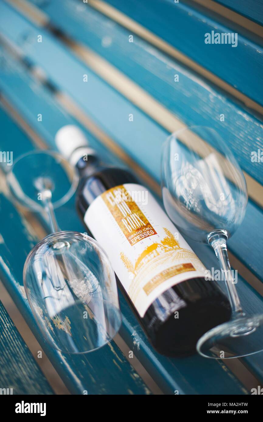 Chasselas Gand Cru Epesses, a bottle of wine with glasses, Lake Geneva ...