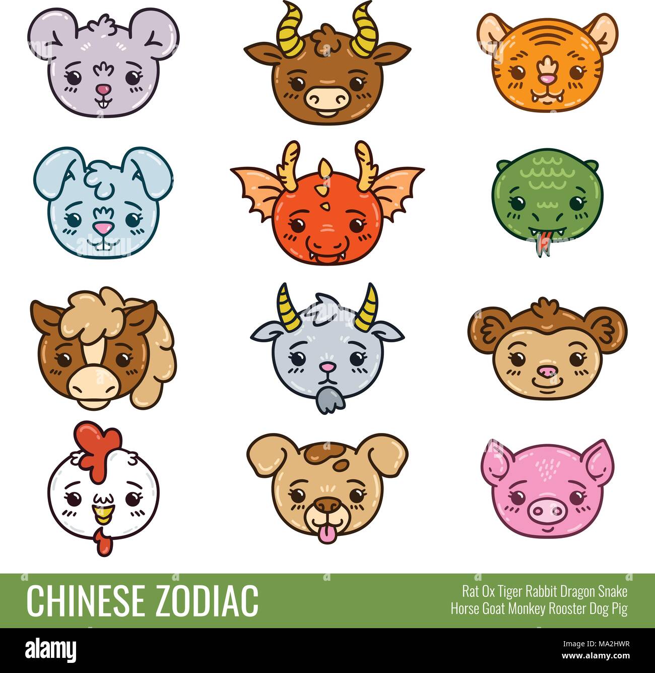 Cute chinese zodiac. Cute animals. Horoscope. Isolated objects on white ...