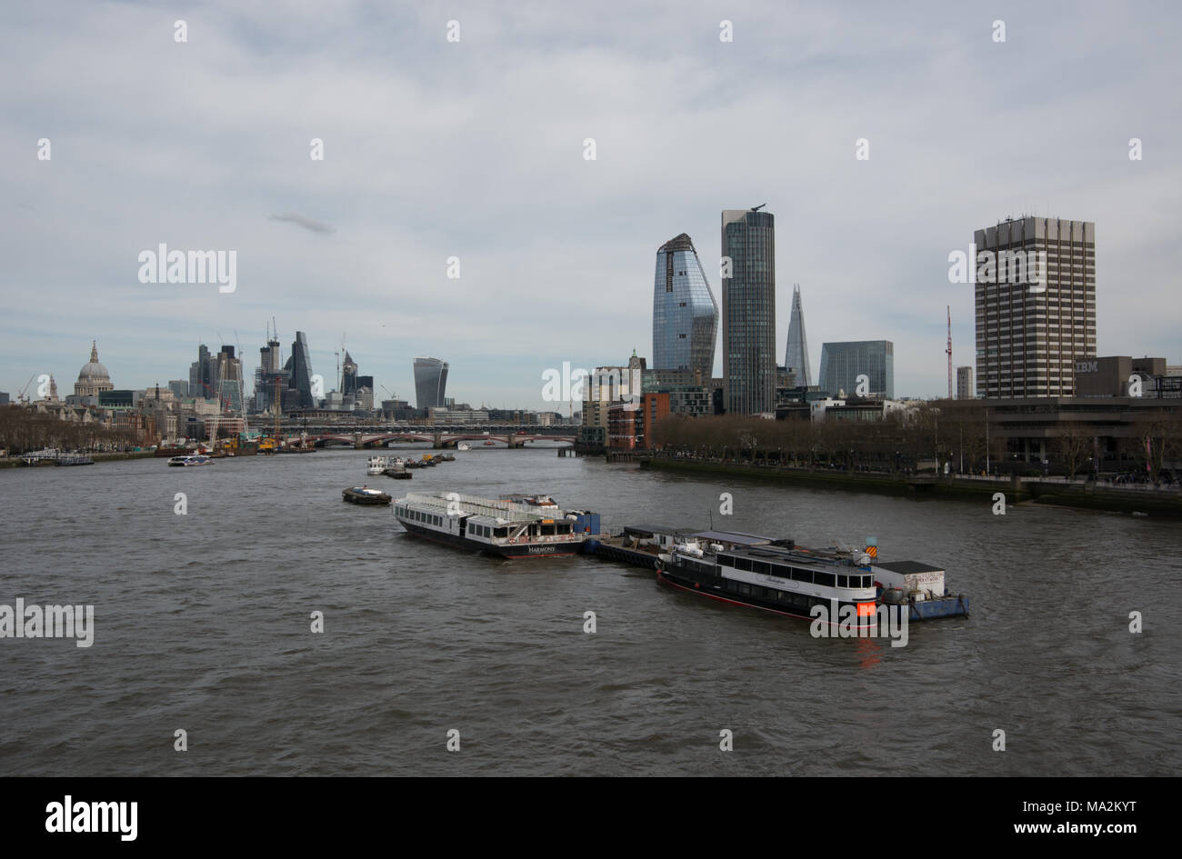 View from Waterloo Bridge of the Southbank and City of London skyline ...