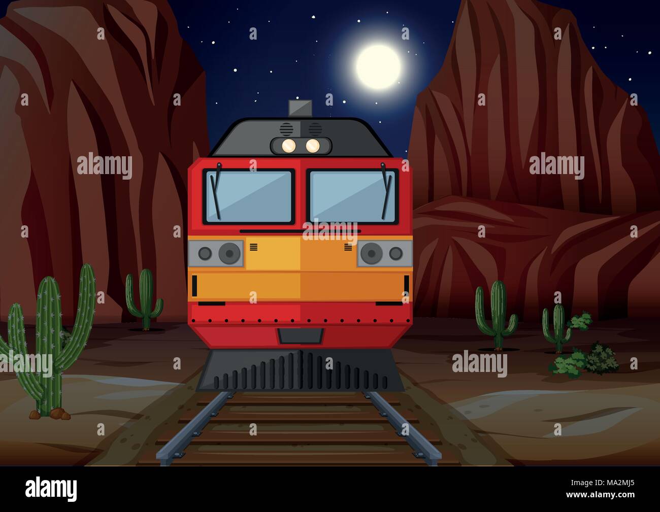 Train on the railroad at night time illustration Stock Vector Image ...