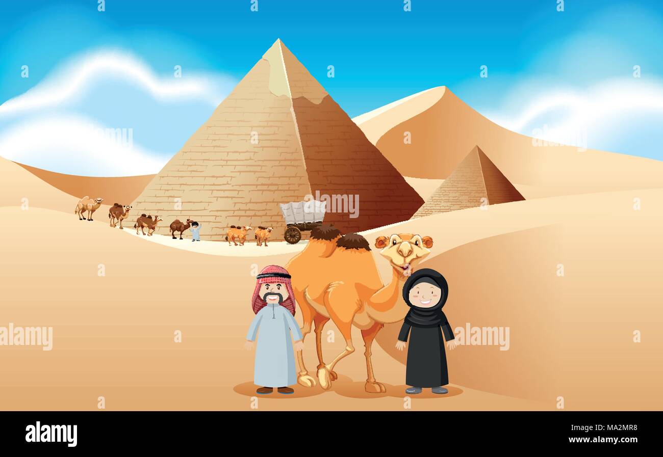 Arab people and camels at the pyramids illustration Stock Vector Image ...