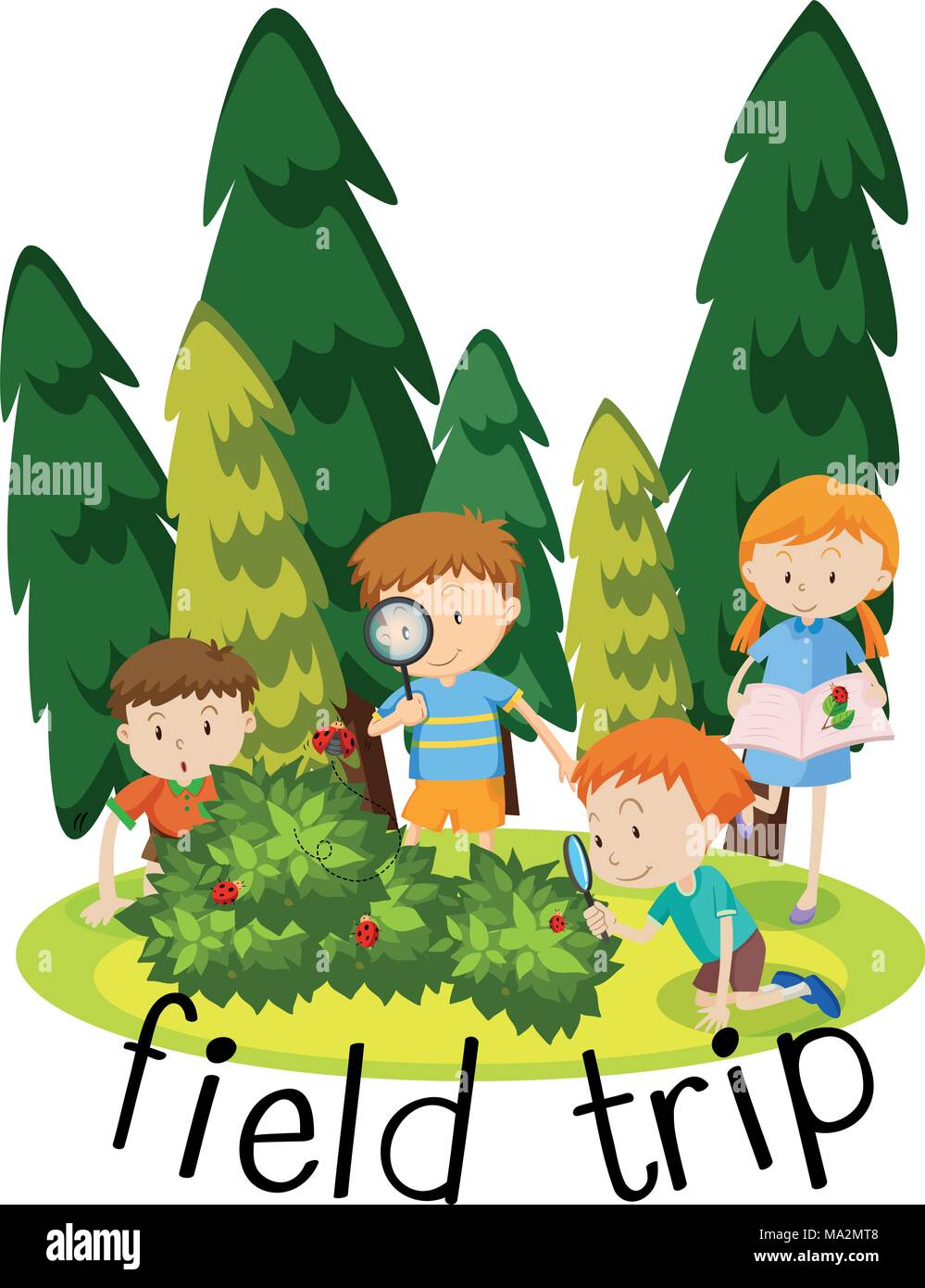 Flashcard for field trip with kids learning in garden illustration ...