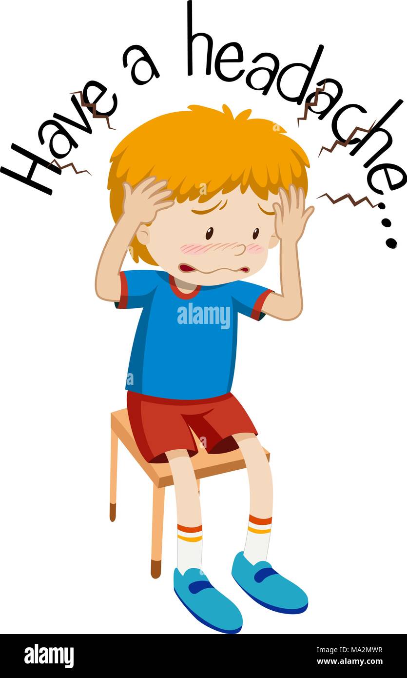 Wordcard for headache with boy being sick illustration Stock Vector ...