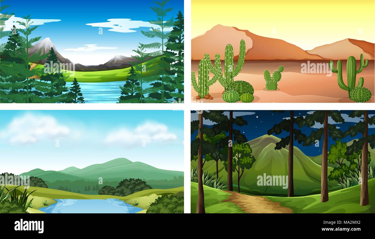 Four nature scenes with tree and mountains illustration Stock Vector ...