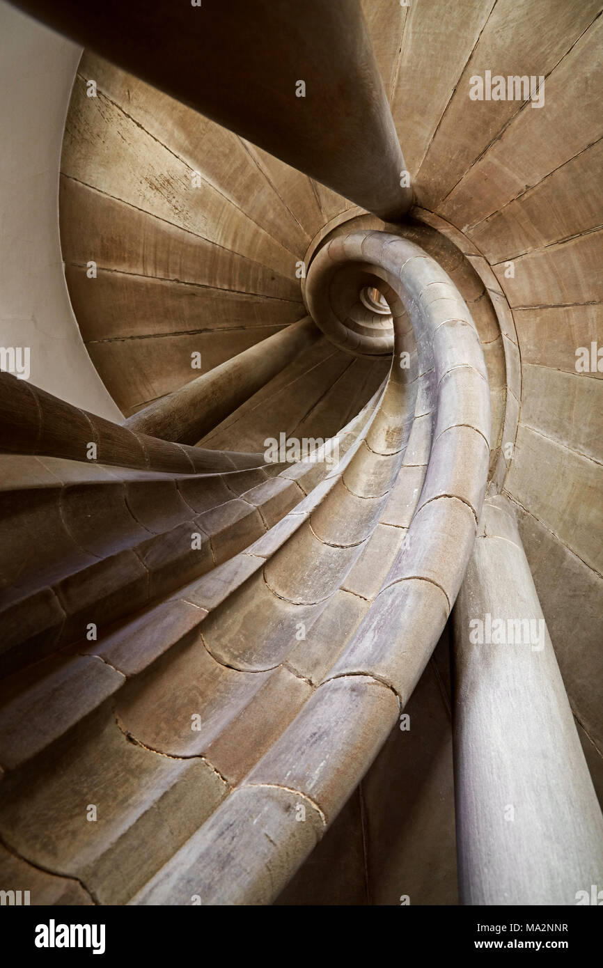 Spiral stone stair in old medieval tower, diminishing perspective, low ...
