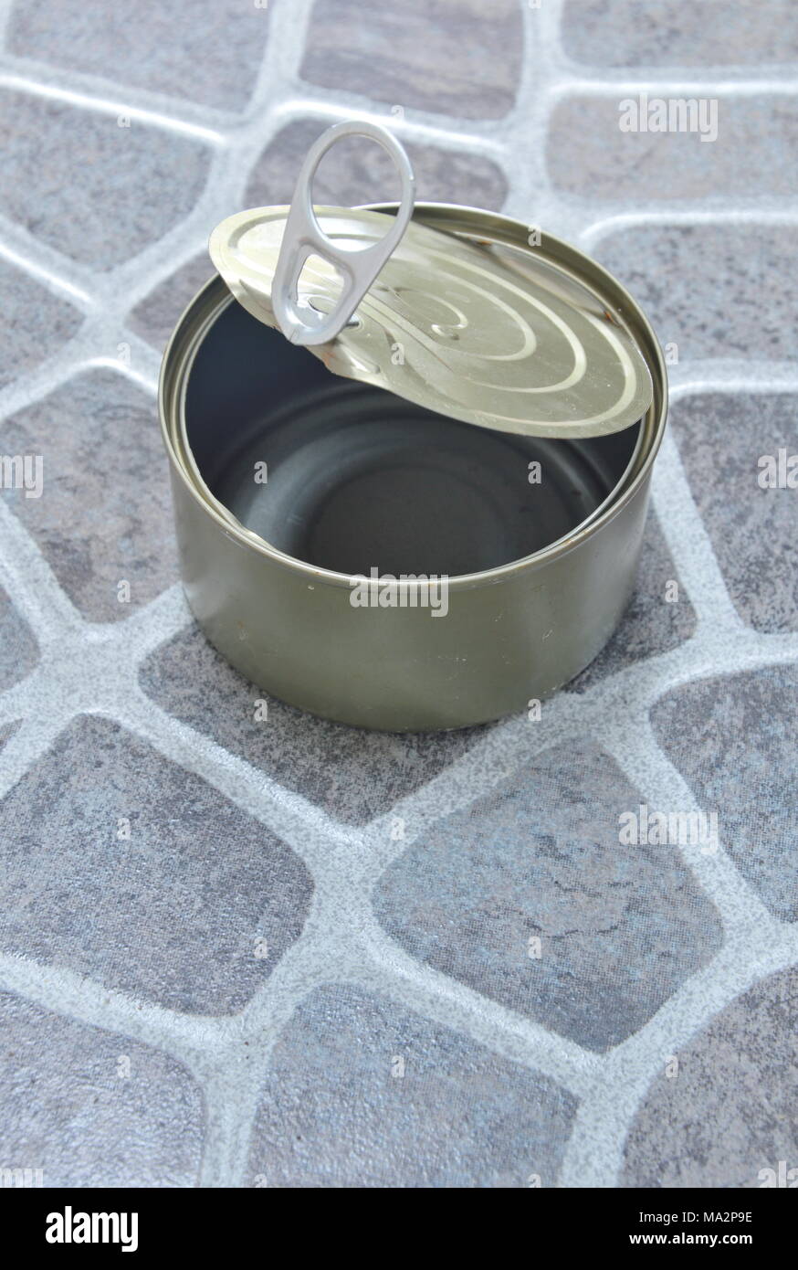 empty tin food can on the tile floor Stock Photo - Alamy