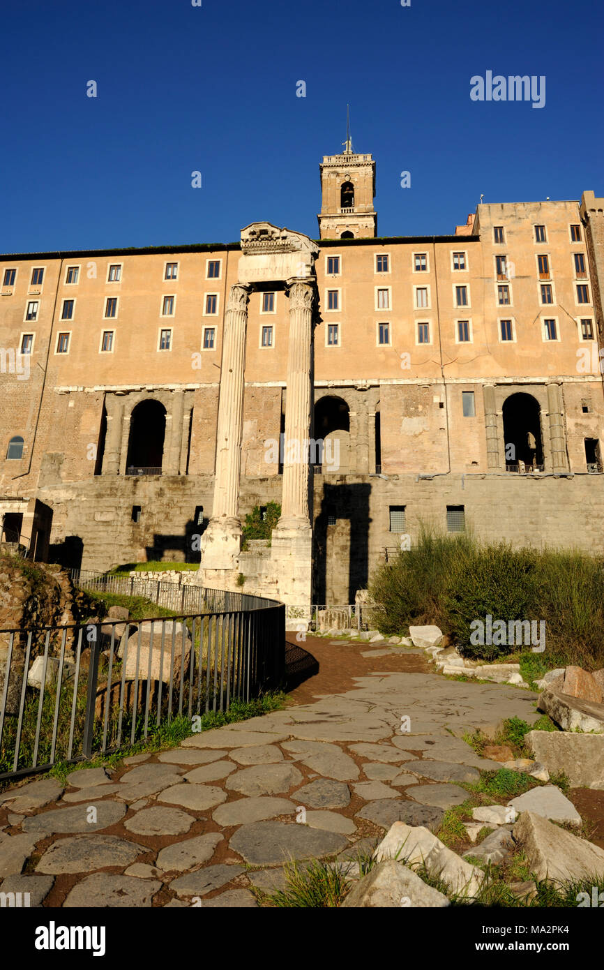 italy, rome, roman forum, temple of vespasian and titus and tabularium ...