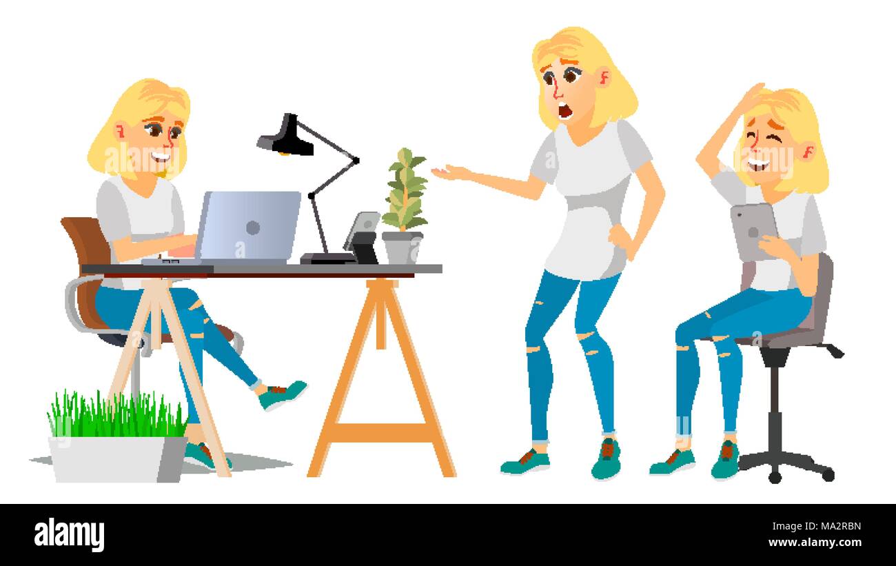 Business Woman Character Vector. Blonde Woman Various Views ...