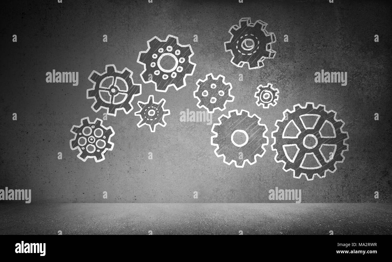 Hand drawn gear mechanism presented on gray wall. 3D rendering Stock ...