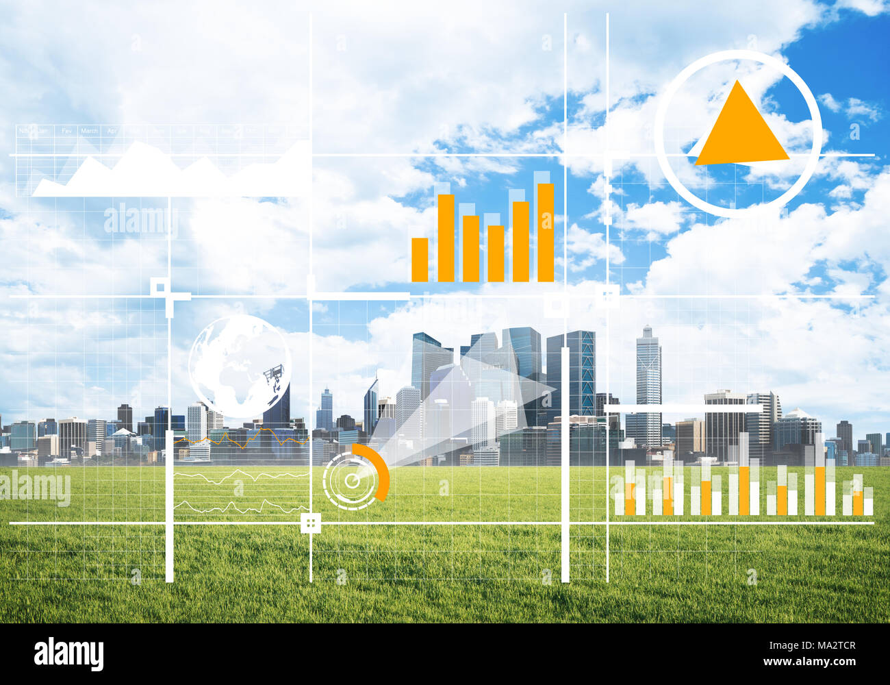 Concept of modern technologies with media icons on screen and business ...