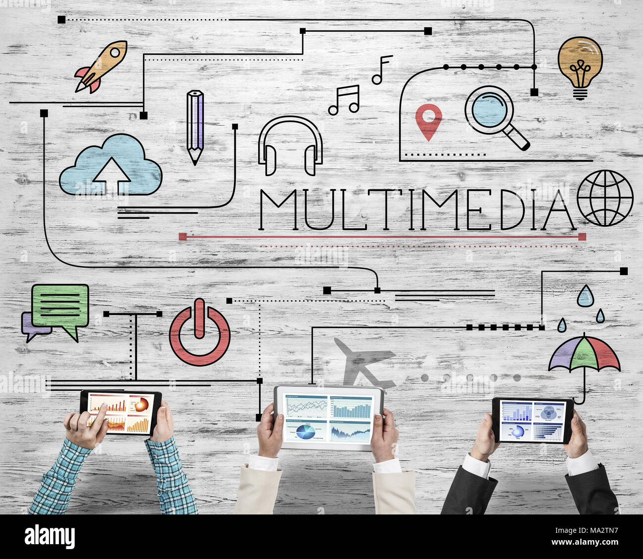 Group of three people with devices in hands working together as symbol ...