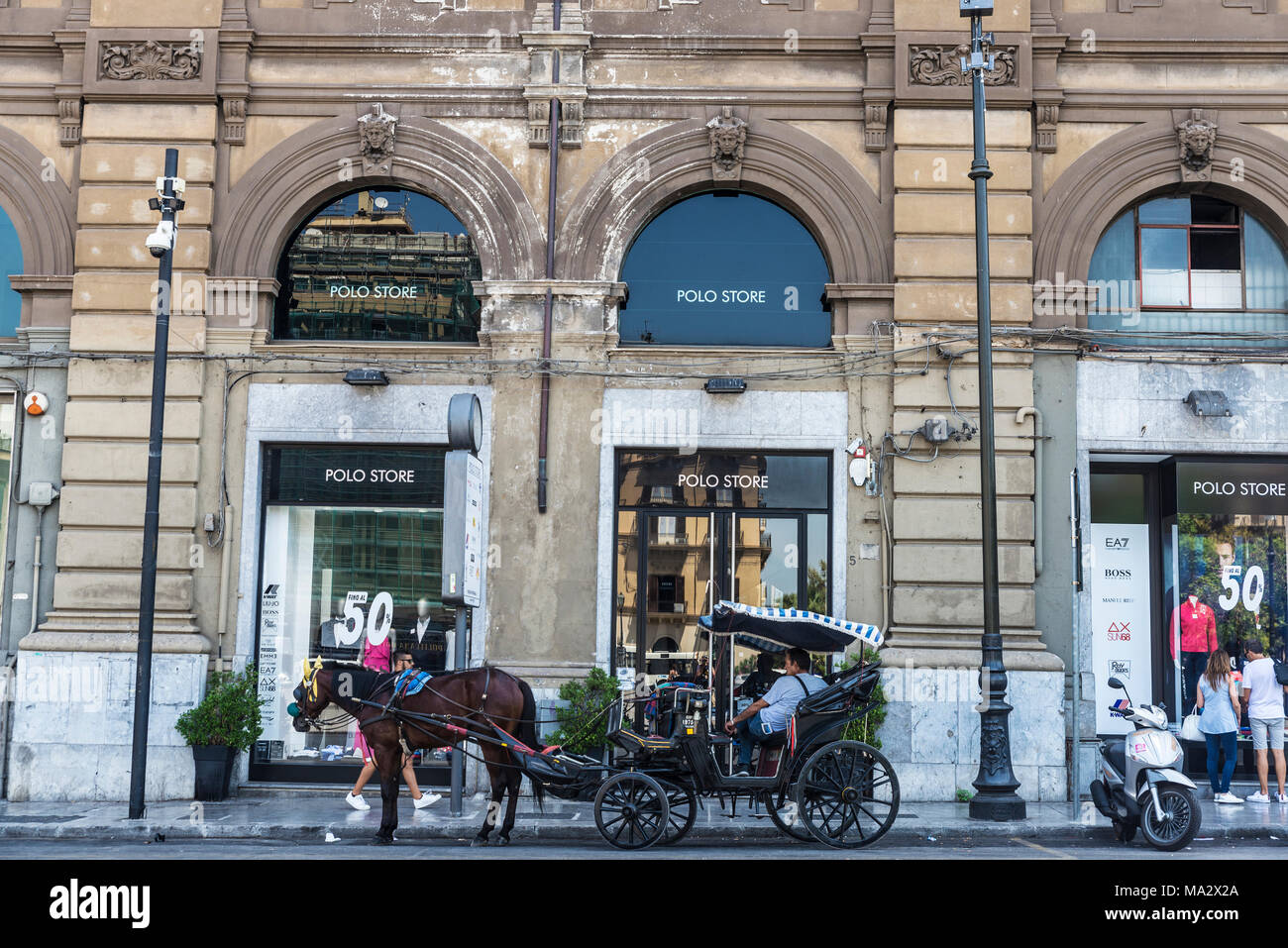 Palermo, Italy - August 10, 2017: Polo shop with a horse carriage ...