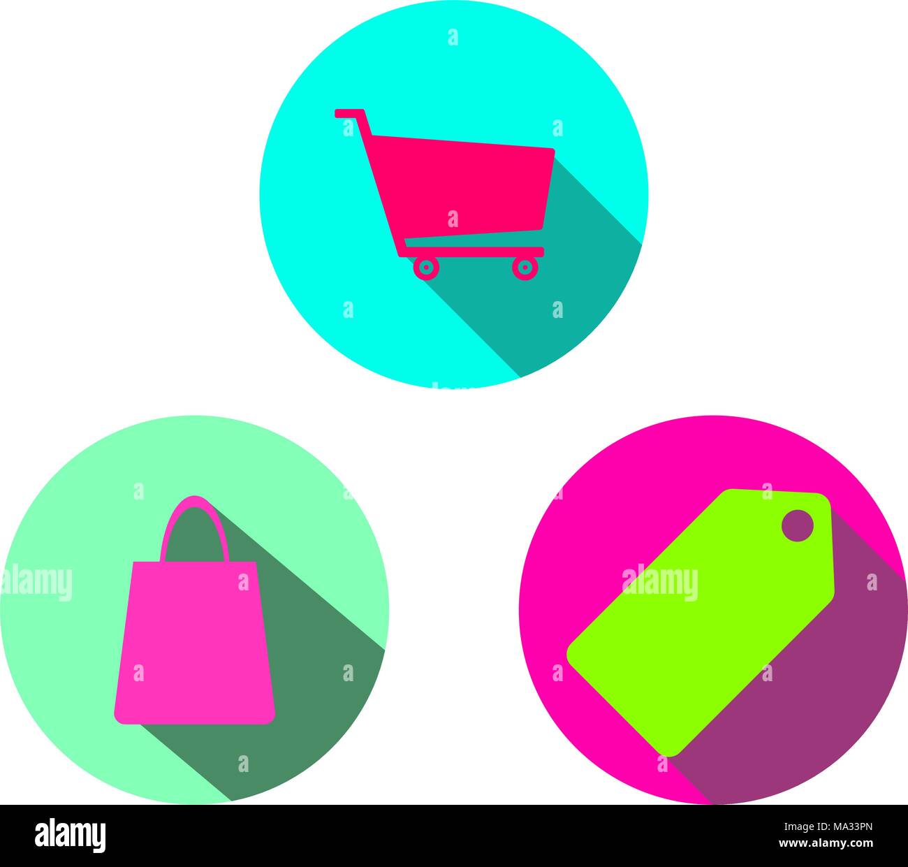 Set of three shopping theme icons including cart, bag and price tag ...
