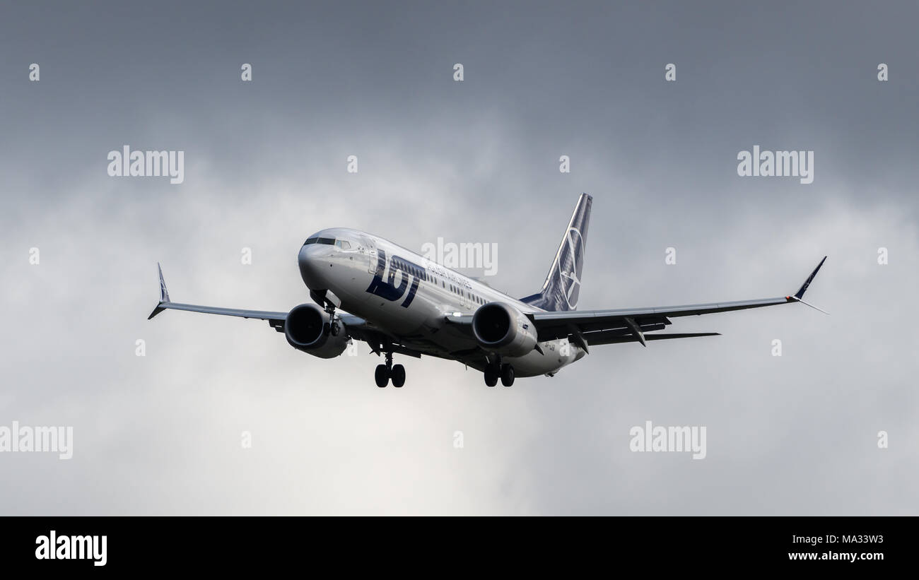 Polish Airlines Boeing 737 landing at London Heathrow Airport Stock ...