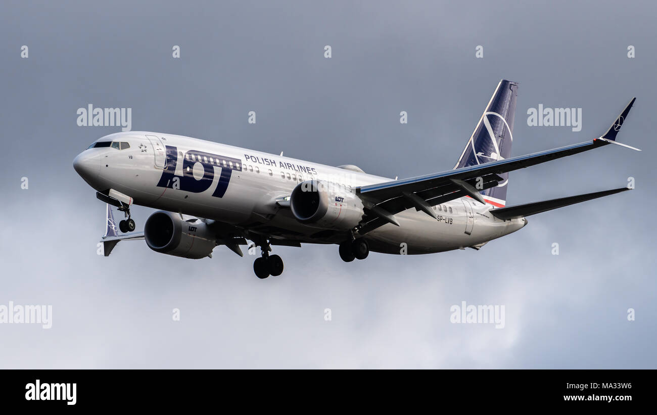 Polish Airlines Boeing 737 landing at London Heathrow Airport Stock ...