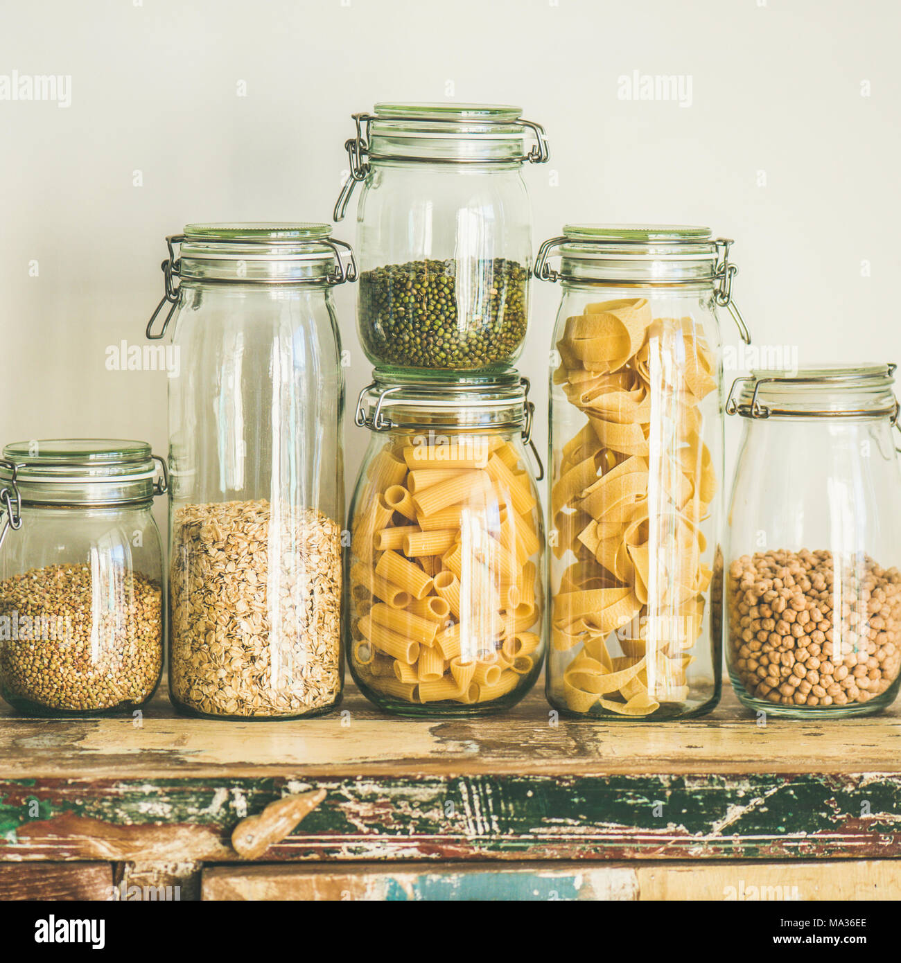 Uncooked cereals, grains, beans and pasta on table, square crop Stock ...