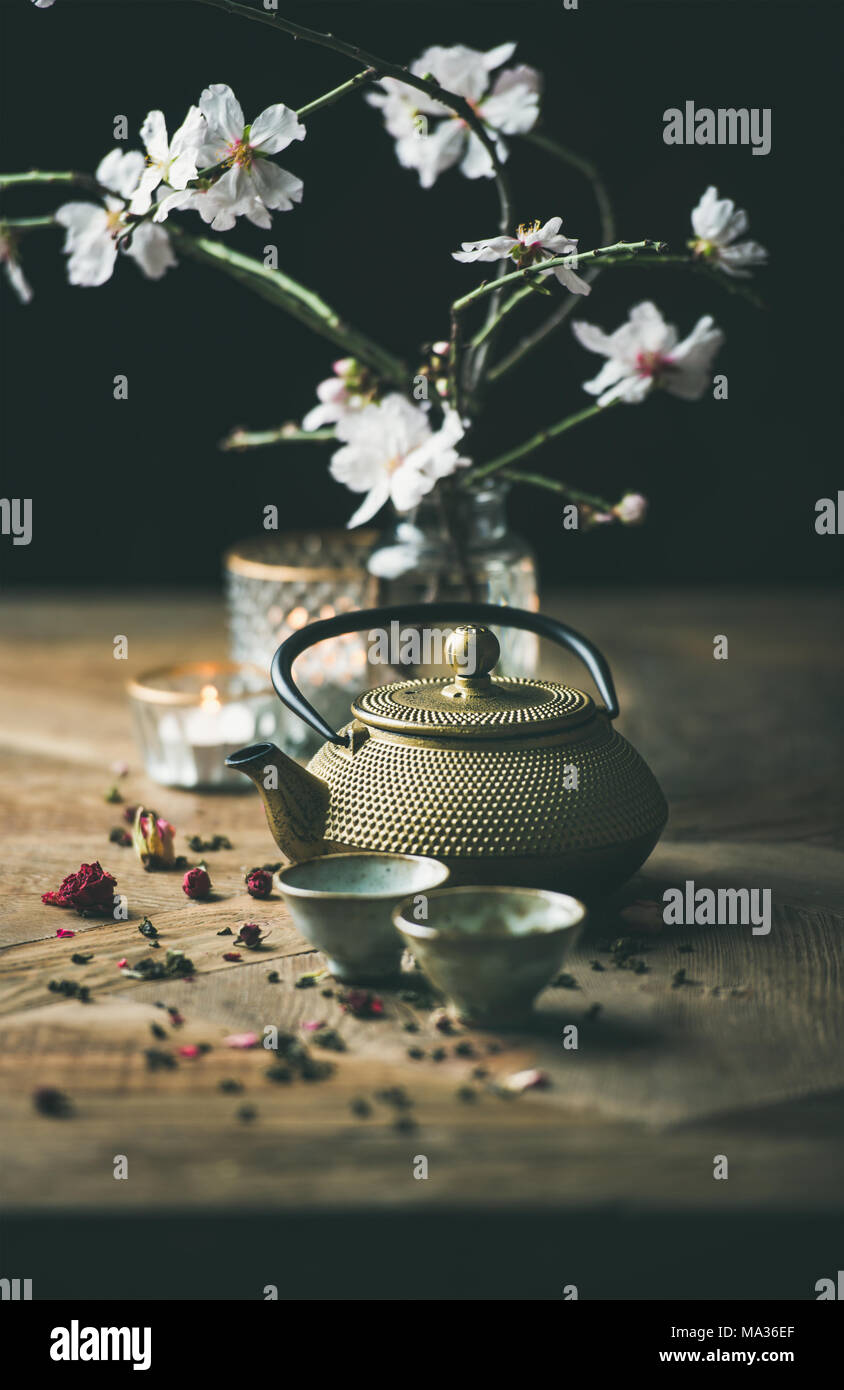 Traditional Asian tea ceremony arrangement over wooden background Stock ...