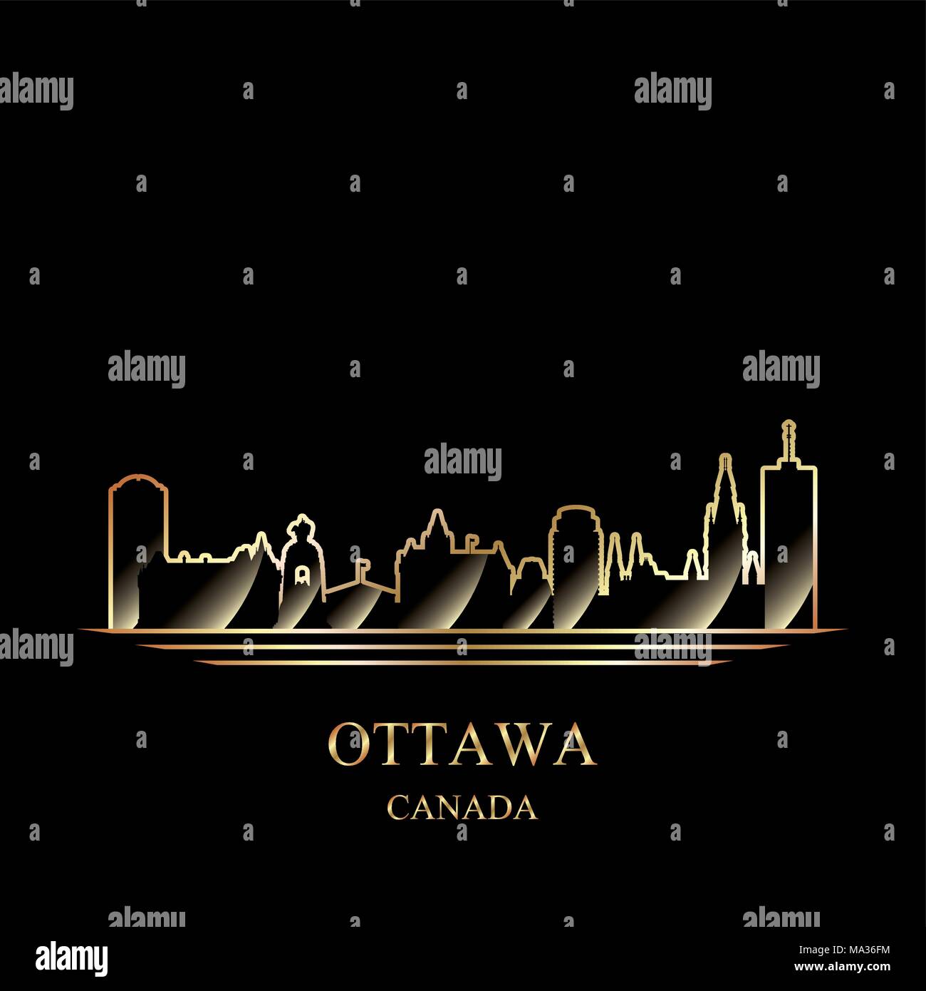 Gold silhouette of Ottawa on black background vector illustration Stock ...