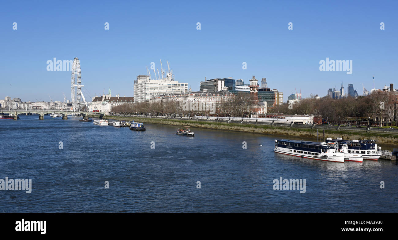 Boats moored on the River Thames in front of Westminster Bridge, The ...