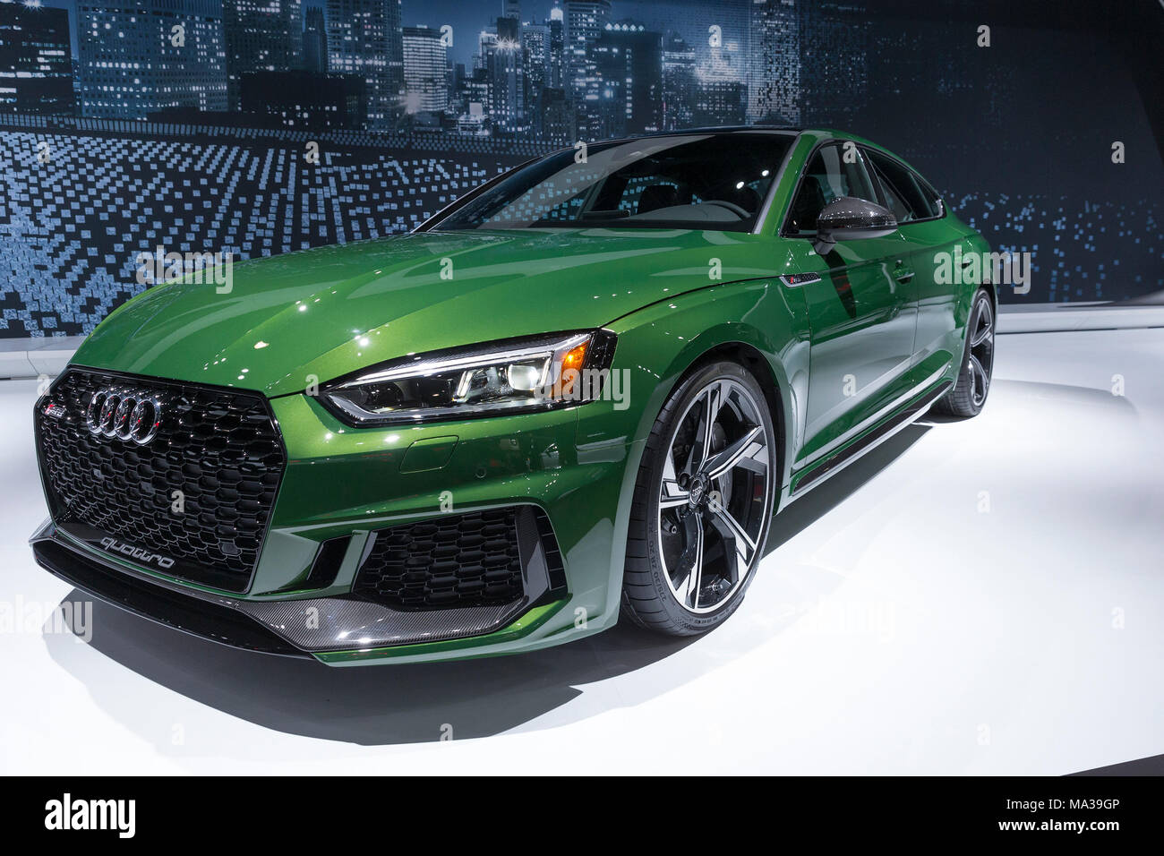 New York, United States. 28th Mar, 2018. Audi RS5 sedan 2019 on display ...