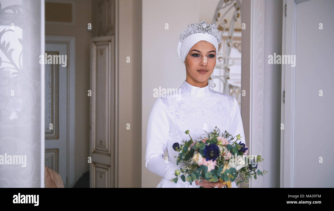 Beautiful muslim bride with make up in beautiful wedding dress Stock ...